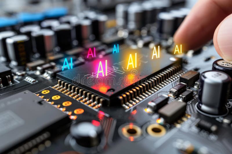 Close Up of AI Circuit Board with Colorful Digital Elements and High ...