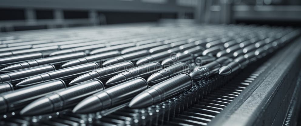 Close Up of Ammunition Production Showcasing Rows of Bullets in a ...
