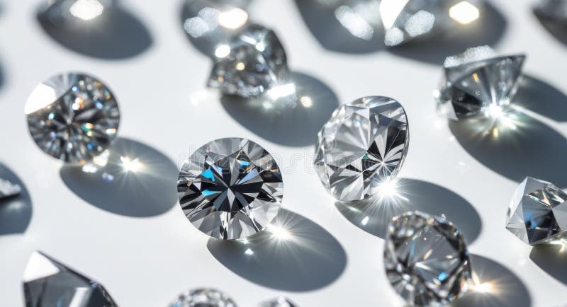 Close Up of Assorted Cut Diamonds on a White Reflective Surface with ...