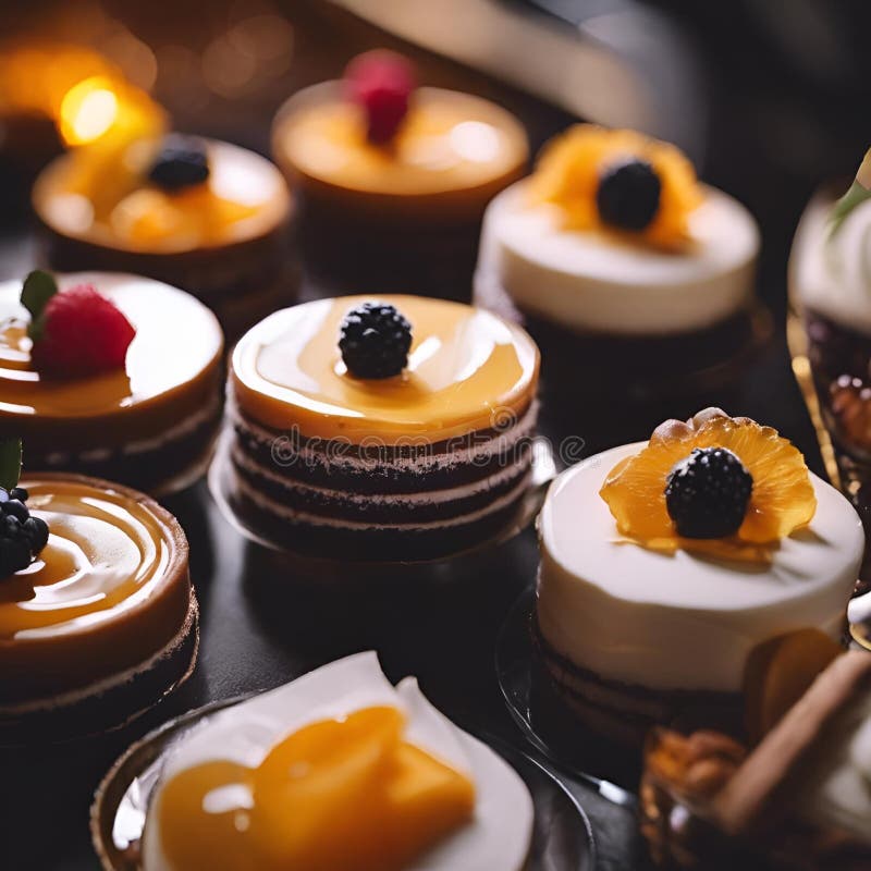 Assorted Gourmet Mini Cakes with Fruit Toppings. Stock Illustration ...