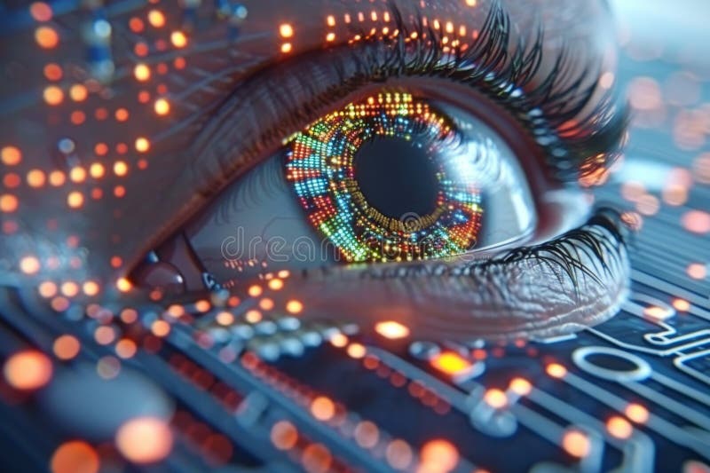 Close Up of a Blue Eye with Colorful Digital Reflections, Captured in a ...