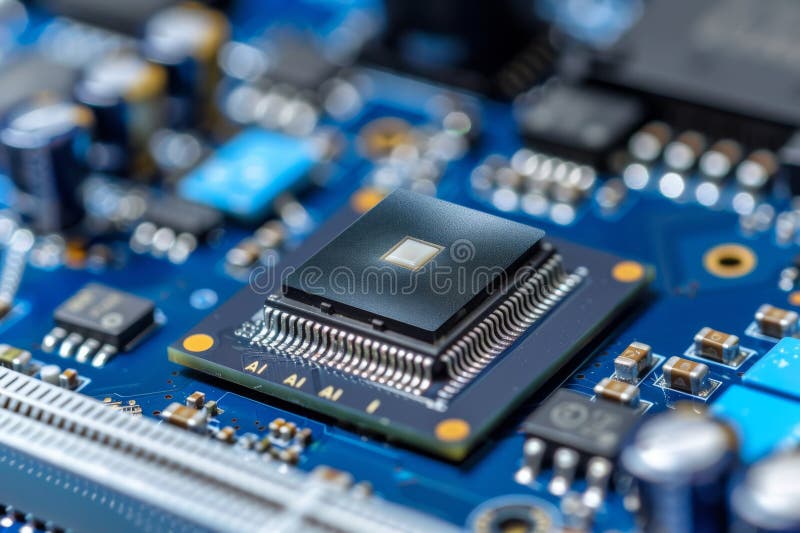 Close Up of AI Chip on a Blue Circuit Board, Representing Advanced ...
