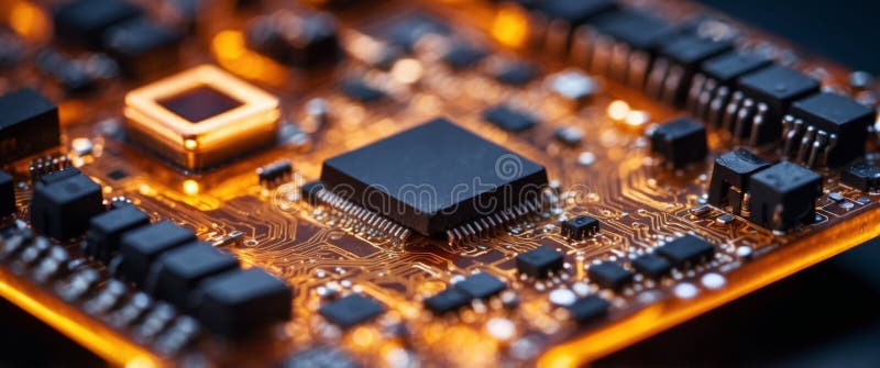 Close-up of a Circuit Board with a Processor Chip and Glowing Lights ...