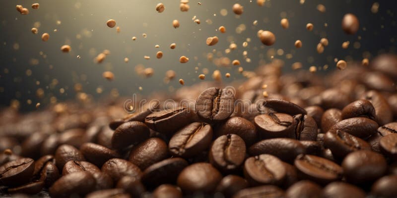 Close-up of Coffee Beans Floating with Burst of Particles. Stock ...