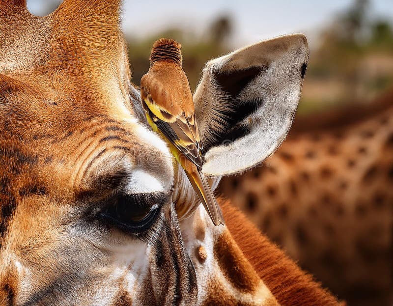 AI-generated Close-up of a Giraffe with a Small Bird Perched on Its Ear ...