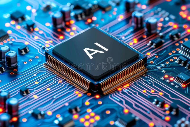 Close Up of a High Tech AI Microchip on a Blue Circuit Board ...