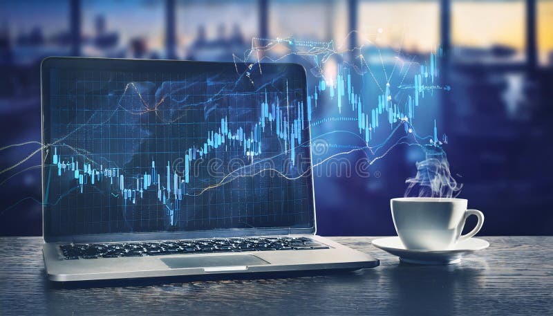 Close Up of Laptop on Desktop with Coffee Cup and Creative Forex Chart ...
