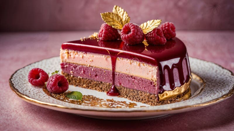 AI-generated Close-up Shot of a Velvet Raspberry Mousse Cake with Some ...