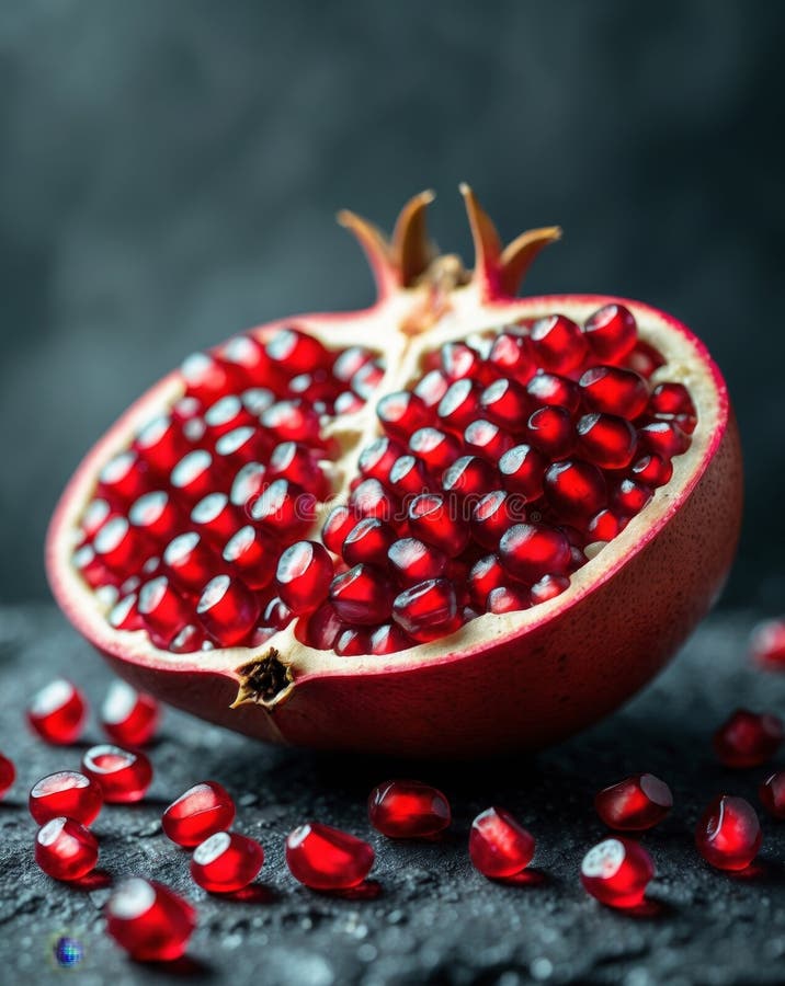 Close Up of Split Pomegranate with Glowing Red Seeds on Dark Textured ...