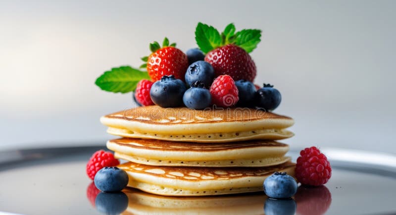 Close Up of Stack of Organic Pancakes with Fresh Berries and Mint on a ...