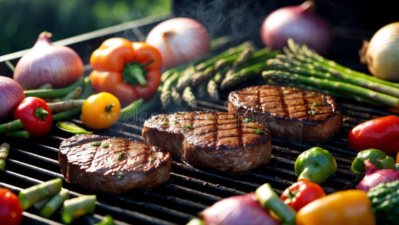 A Close Up of Three Steaks on a Grill with Vegetables. Stock Photo ...