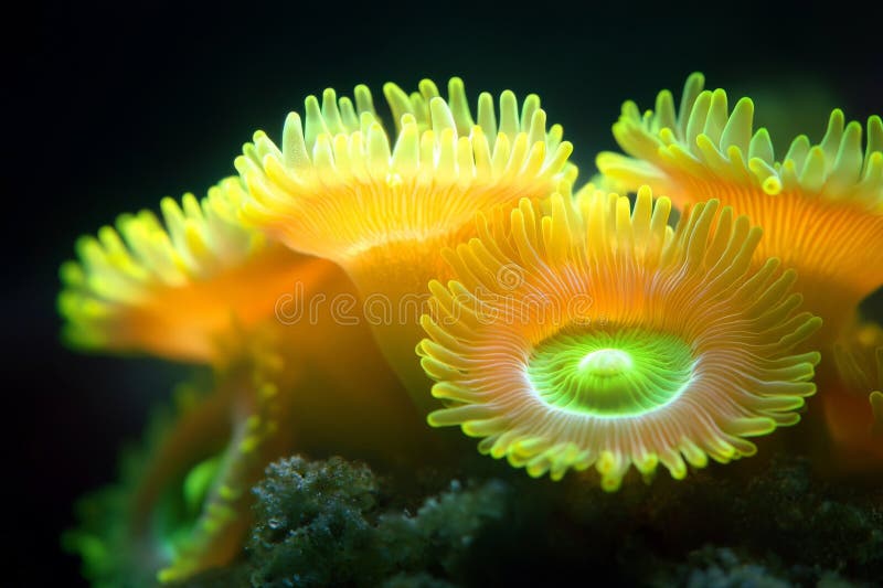 Closeup of Bioluminescent Green Coral Polyp Underwater with Micro ...