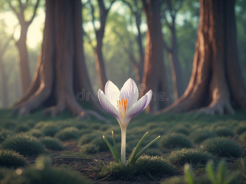 Closeup of Crocus Flower with a Backdrop of Towering Trees Stock Photo ...