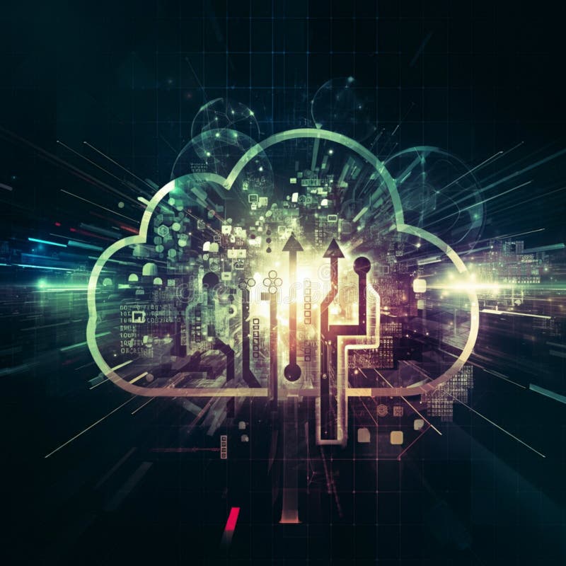 AI Generated Cloud Illustration with Wireframe Outline and Glowing ...