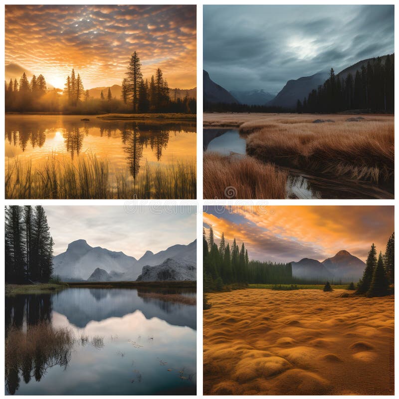 AI Generated Collage Showcasing Mountain Landscape with Trees Stock ...