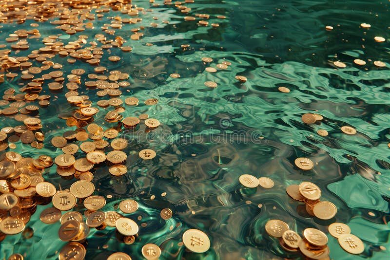 Gold Coins Floating on Water Stock Illustration - Illustration of shiny ...