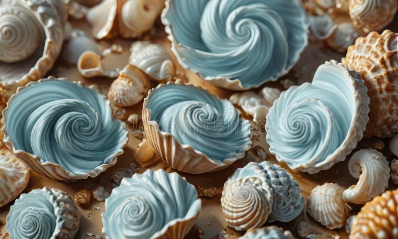 A Collection of Blue and White Sea Shells are Displayed on a Table ...