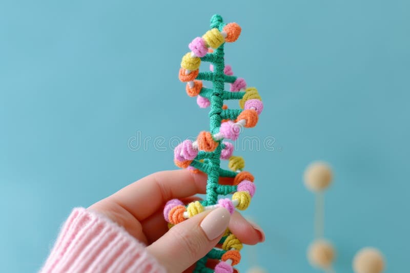 Colorful Beaded DNA Model Held in Hand, Light Blue Background ...