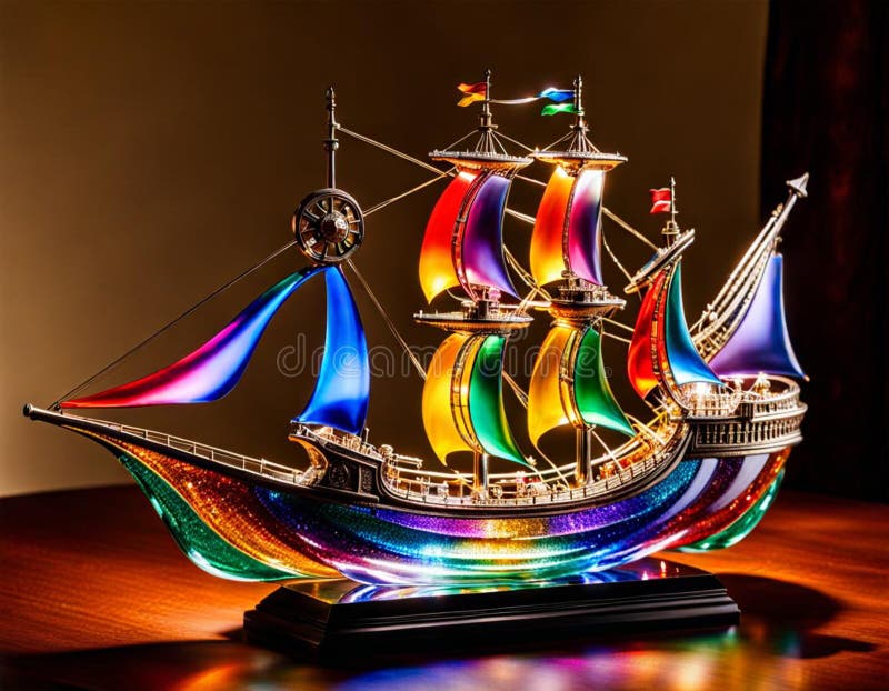 AI Generated Colorful Blown Glass Artwork Depicting a Medieval Era Ship ...