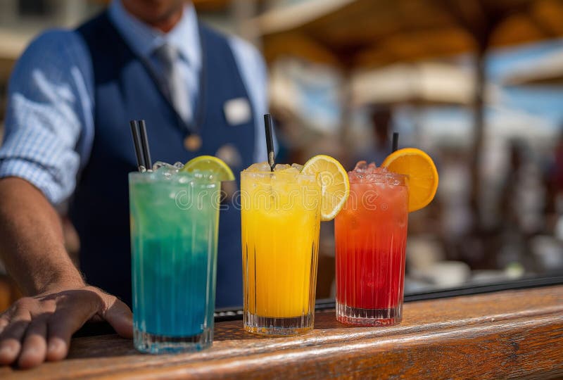 AI-generated Colorful Cocktails on a Sunny Outdoor Bar Setting, with a ...