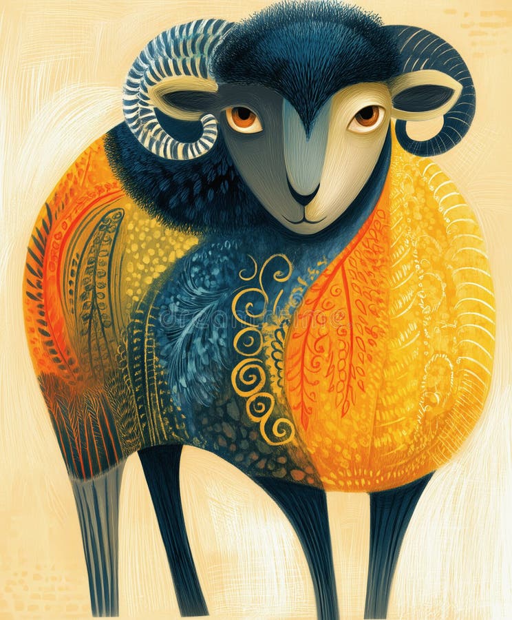 AI Generated. Colorful Crayon Drawing of a Sheep with Decorative ...