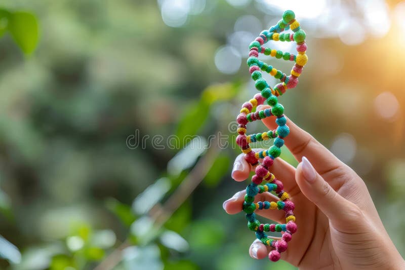 Colorful DNA Helix Held in Hand, Natural Green Background, Detailed ...