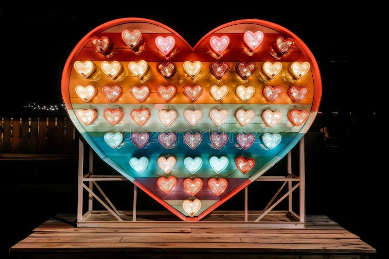 Colorful Heart and Rainbow Light Installation on Dark Background ...