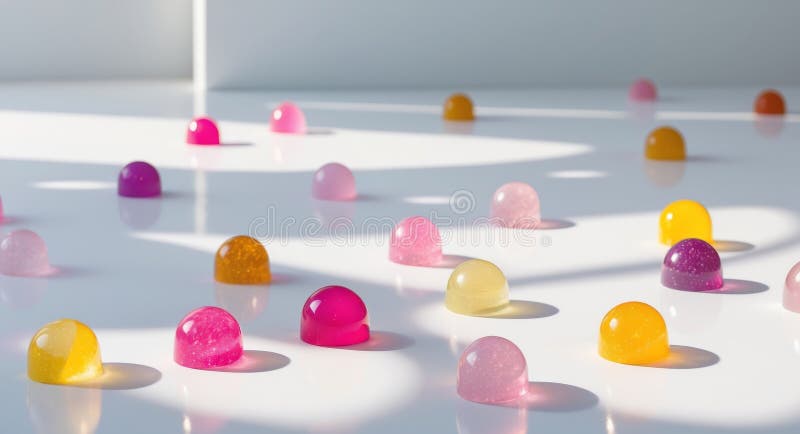 Colorful Jelly Balls on White Surface with Shadows Creating a Playful ...