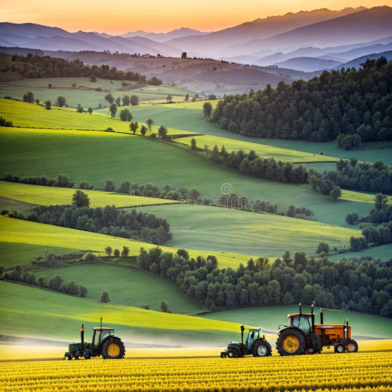 With Ai Generated Colorful Landscape and Tractors Working in the Fields ...