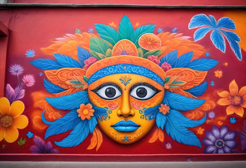 A Colorful Mural of a Mask on a Wall Stock Illustration - Illustration ...