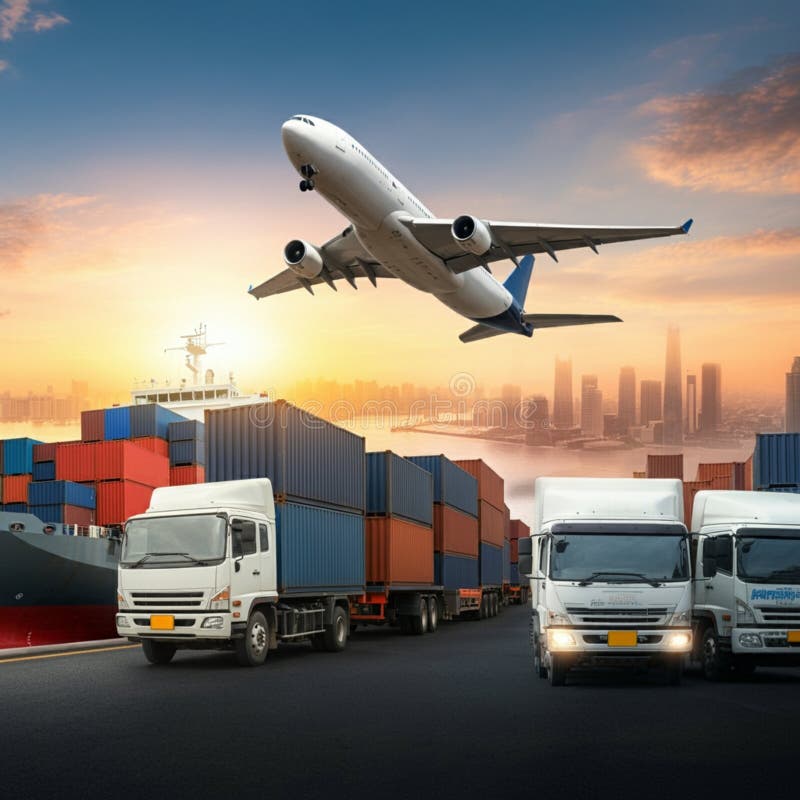 AI-Generated Composite Image of Multi-Modal Transport with Plane, Semi ...