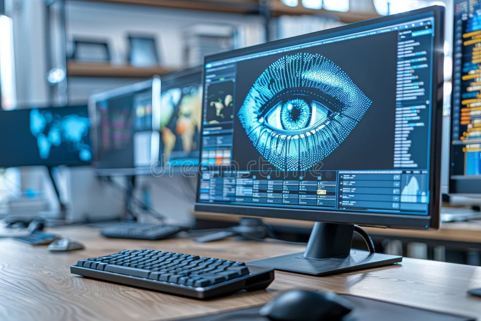 Computer Screens Displaying Eye Graphics in a High Tech, Modern Office ...