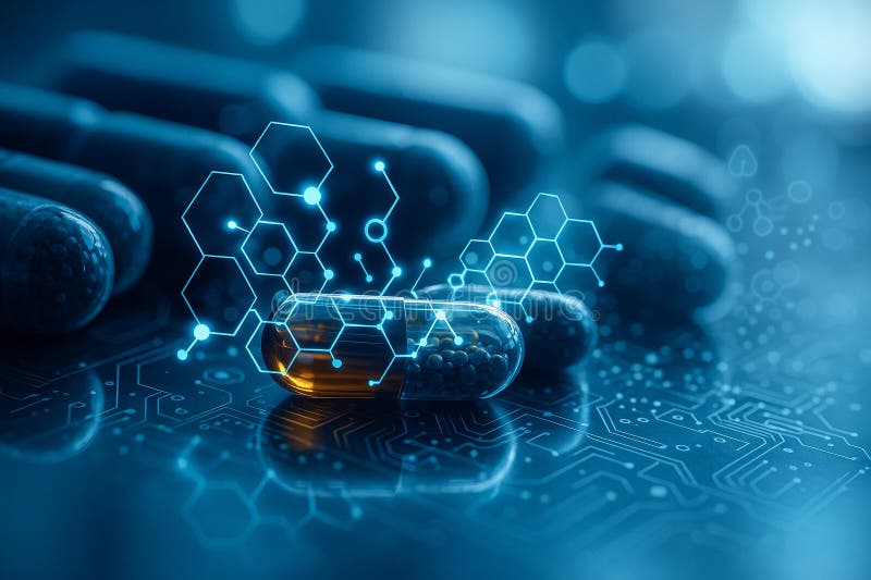 AI Generated Concept of Transparent Capsules on Digital Circuit Surface with Glowing Molecular ...