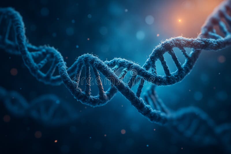 AI Generated Conceptual Image of Glowing DNA Double Helix with Blue and Orange Light Symbolizing ...