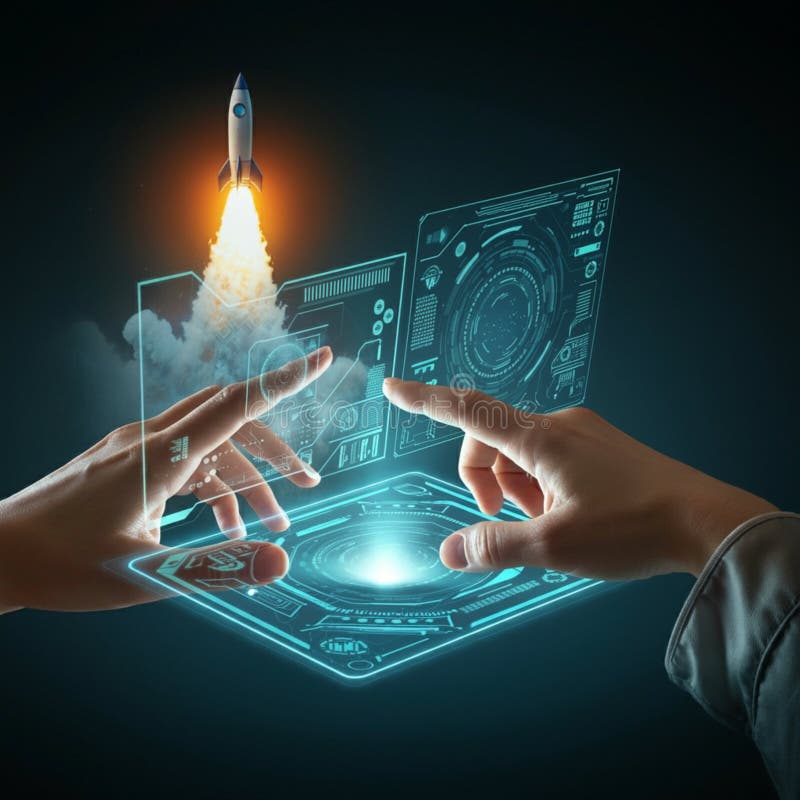 AI-Generated Conceptual Image of Hands Interacting with Futuristic Interface and Rocket Launch ...