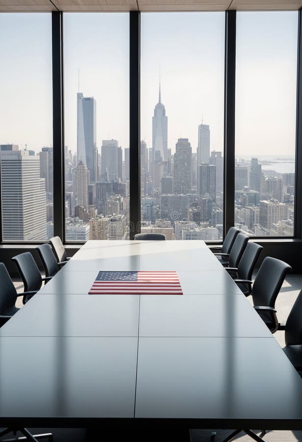 A Conference Table with Chairs and an American Flag on the Table Stock ...