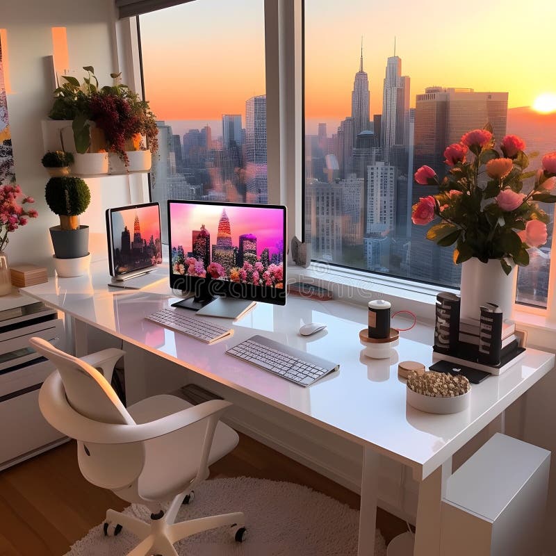 AI Generated Contemporary Interior of a Room with Computer on Table ...