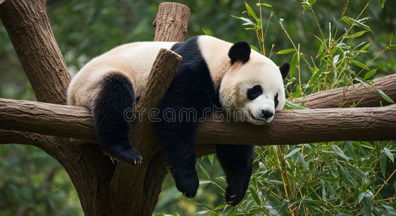 Adorable Giant Panda Relaxing on a Tree Branch Stock Photo - Image of ...