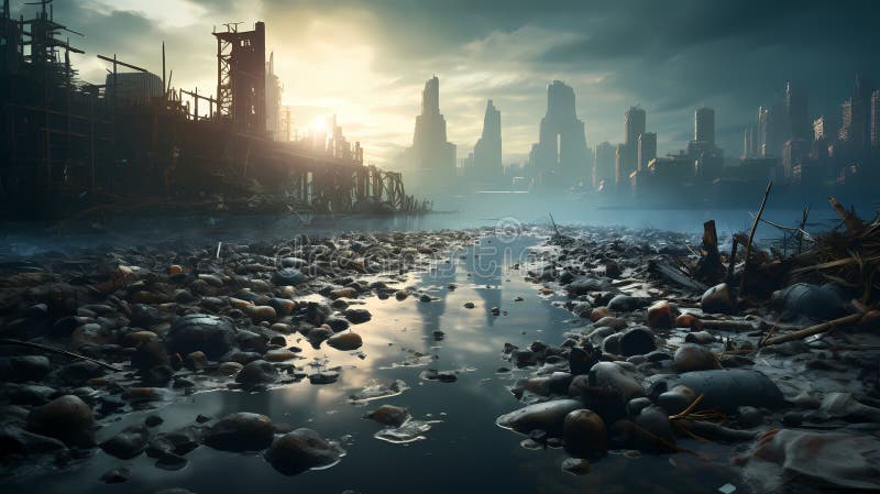 Dystopian Cityscape at Sunset Stock Illustration - Illustration of ...