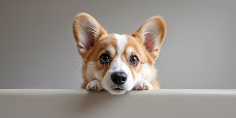 Corgi Puppy Peeking Over Surface with Curious Expression Stock Photo ...