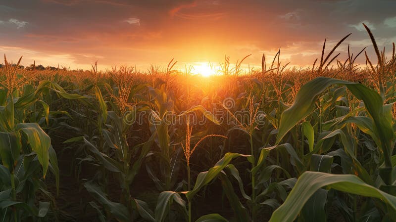 AI Generated Corn Field at Sunset. Beautiful Nature Scene with Green ...
