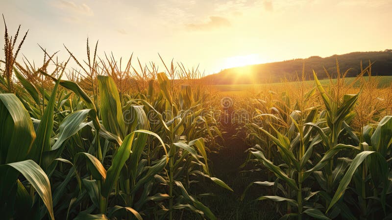AI Generated Corn Field at Sunset. Beautiful Nature Scene with Green Corn Field Stock ...