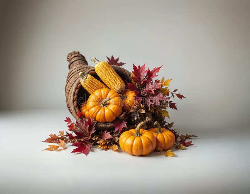 Cornucopia with Pumpkins and Corn on White Background Stock ...