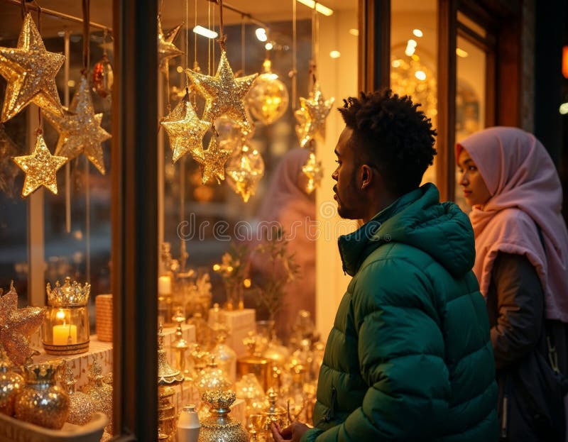 A Couple Looking at Epiphany Decorations in a Store Window Stock ...