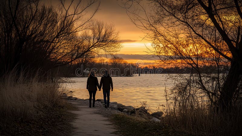 A Couple Walks Hand in Hand Along a Lakeside Path during Sunset Stock ...