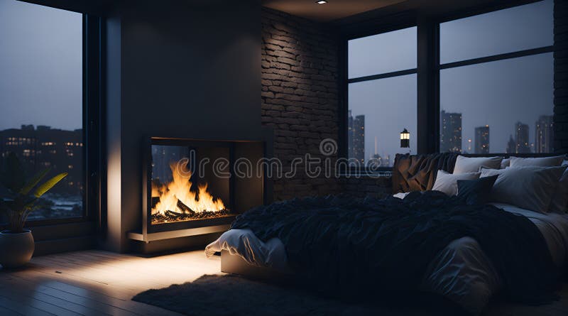 A Bedroom with a Bed and a Fire Place Stock Illustration - Illustration ...