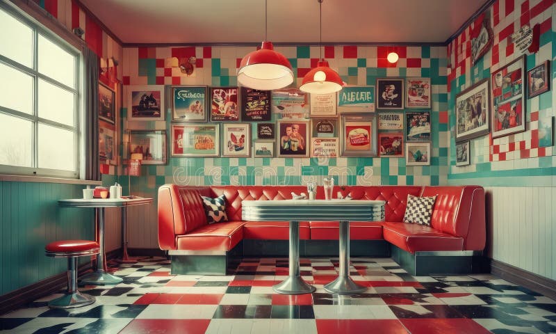 A Room with a Red Booth and a Table with a Red Booth in it. Stock ...