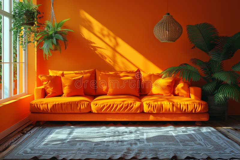 Cozy Orange Living Room with Sunlight Streaming through the Windows ...