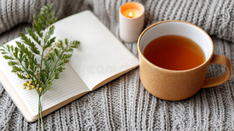 AI-generated Cozy Scene with a Cup of Tea, Open Notebook, and Candle on ...