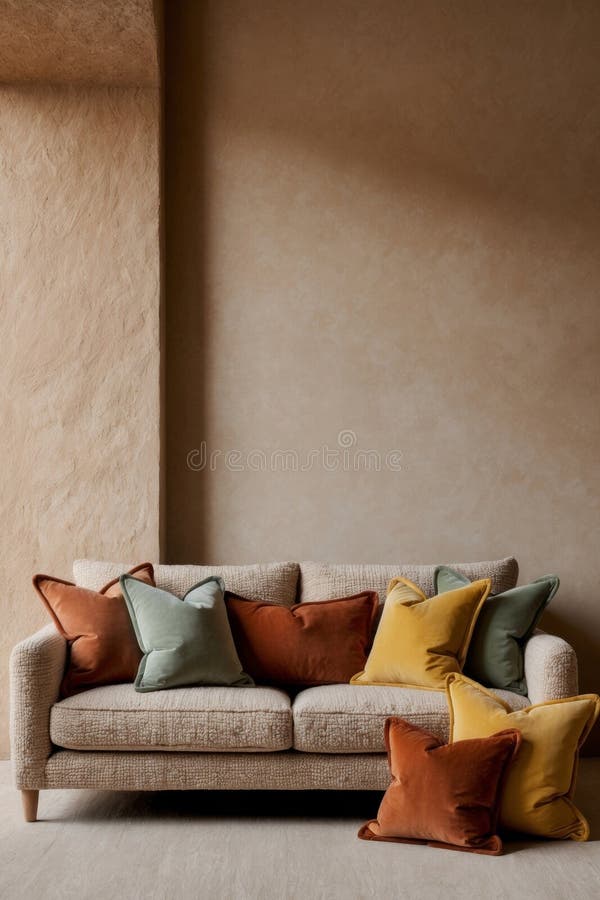 Cozy Sofa with Decorative Pillows and Rustic Charm. Stock Photo - Image ...